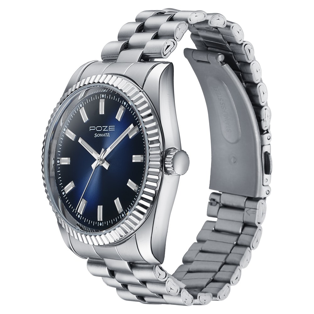 Buy Online Sonata Poze Quartz Analog Blue Dial Silver Color Metal Strap ...