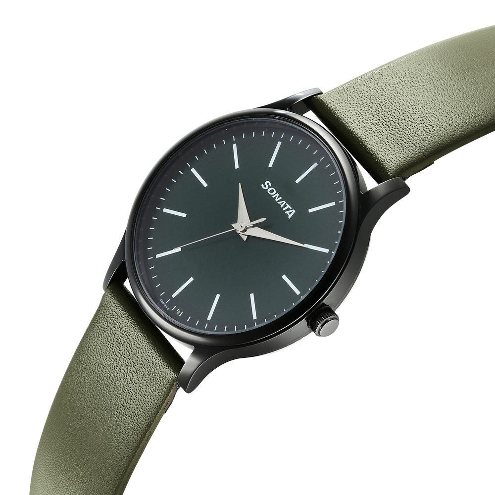 Buy Online Sonata Aspire Quartz Analog Green Dial Leather Strap Watch ...