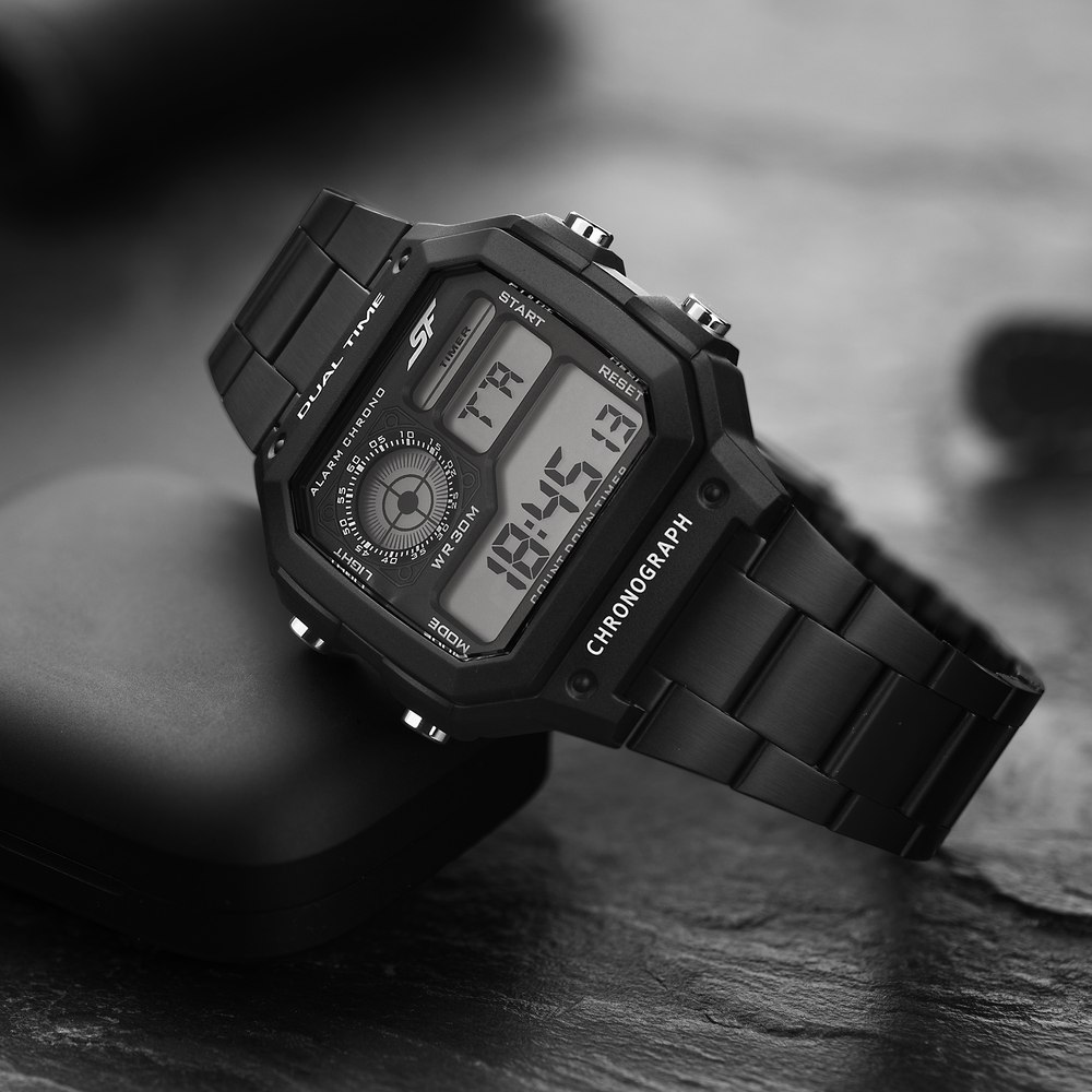 Buy Online SF Digital Dial Black Stainless Steel Strap Watch For Unisex ...