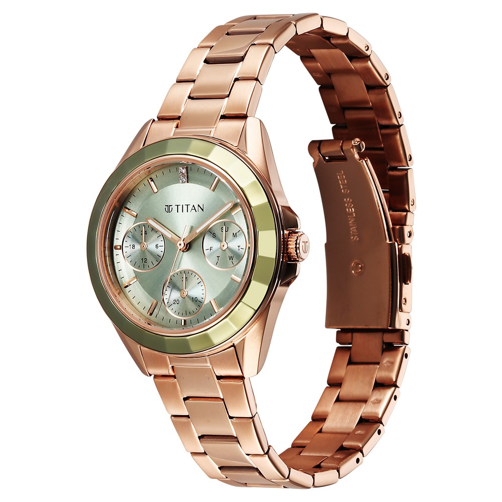 Buy Online Titan Glamour Quartz Multifunction Green Dial Rose Gold ...