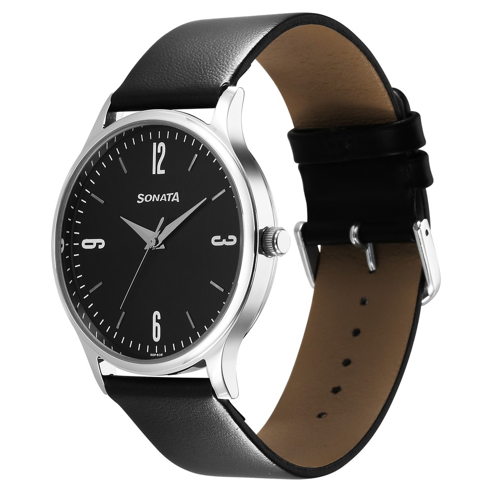 Buy Online Sonata Aspire Quartz Analog Black Dial Leather Strap Watch ...