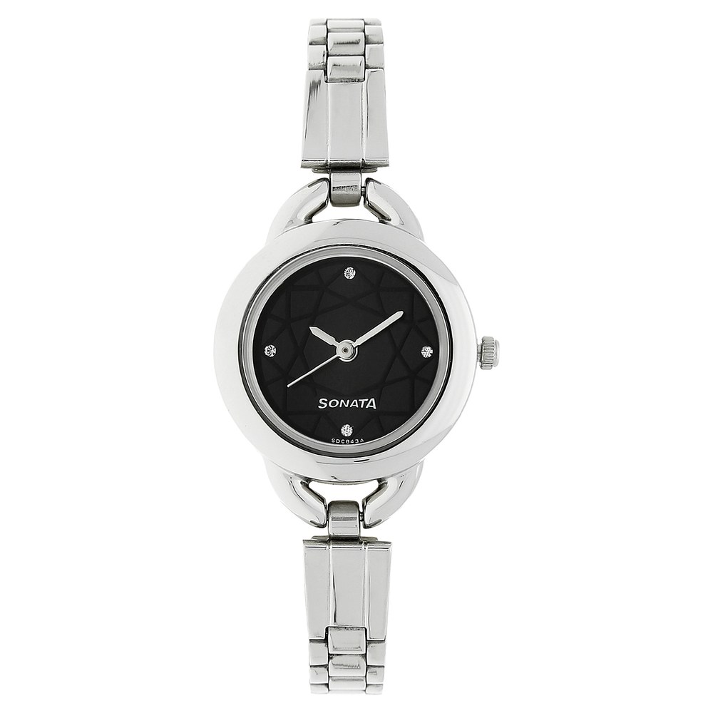 Buy Online Sonata Quartz Analog Black Dial Stainless Steel Strap Watch ...