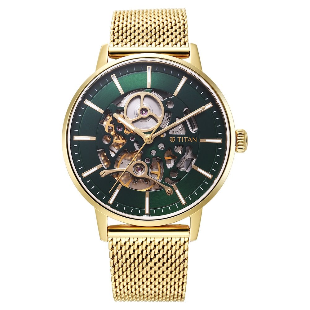 Buy Online Titan Mechanical Slimline Green Dial Golden Mesh Strap watch ...