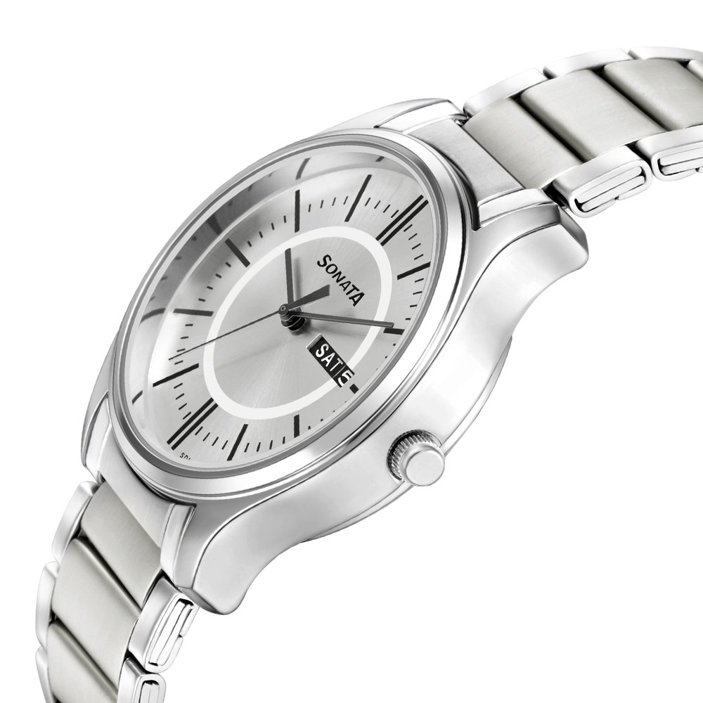 Buy Online Sonata Quartz Analog with Day and Date Silver Dial Silver ...
