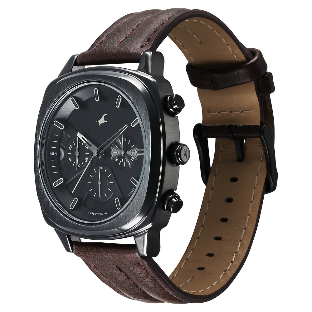 Buy Online Fastrack Kronos Chronograph Black Dial Brown Leather Strap ...