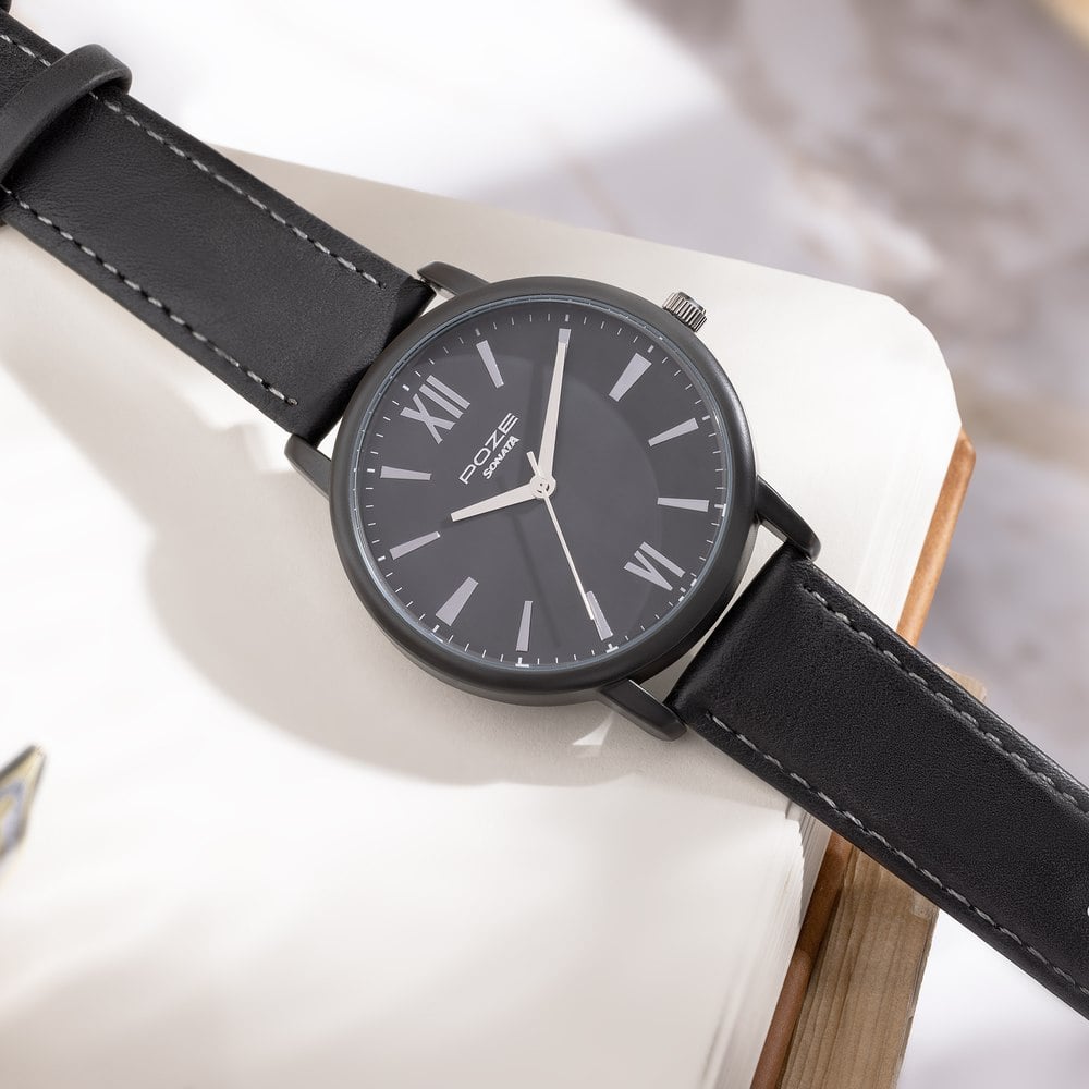 Buy Online Sonata Poze Quartz Analog Black Dial Leather Strap Watch for ...