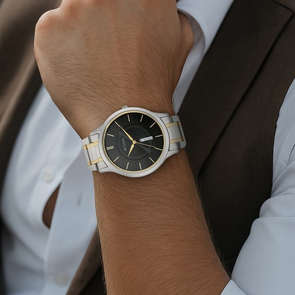 Buy Online Titan Quartz Analog with Day and Date Black Dial Metal Strap ...