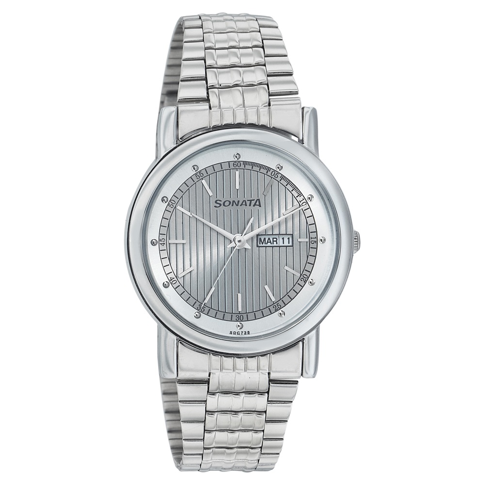 Buy Online Sonata Quartz Analog with Day and Date Silver Dial Strap ...