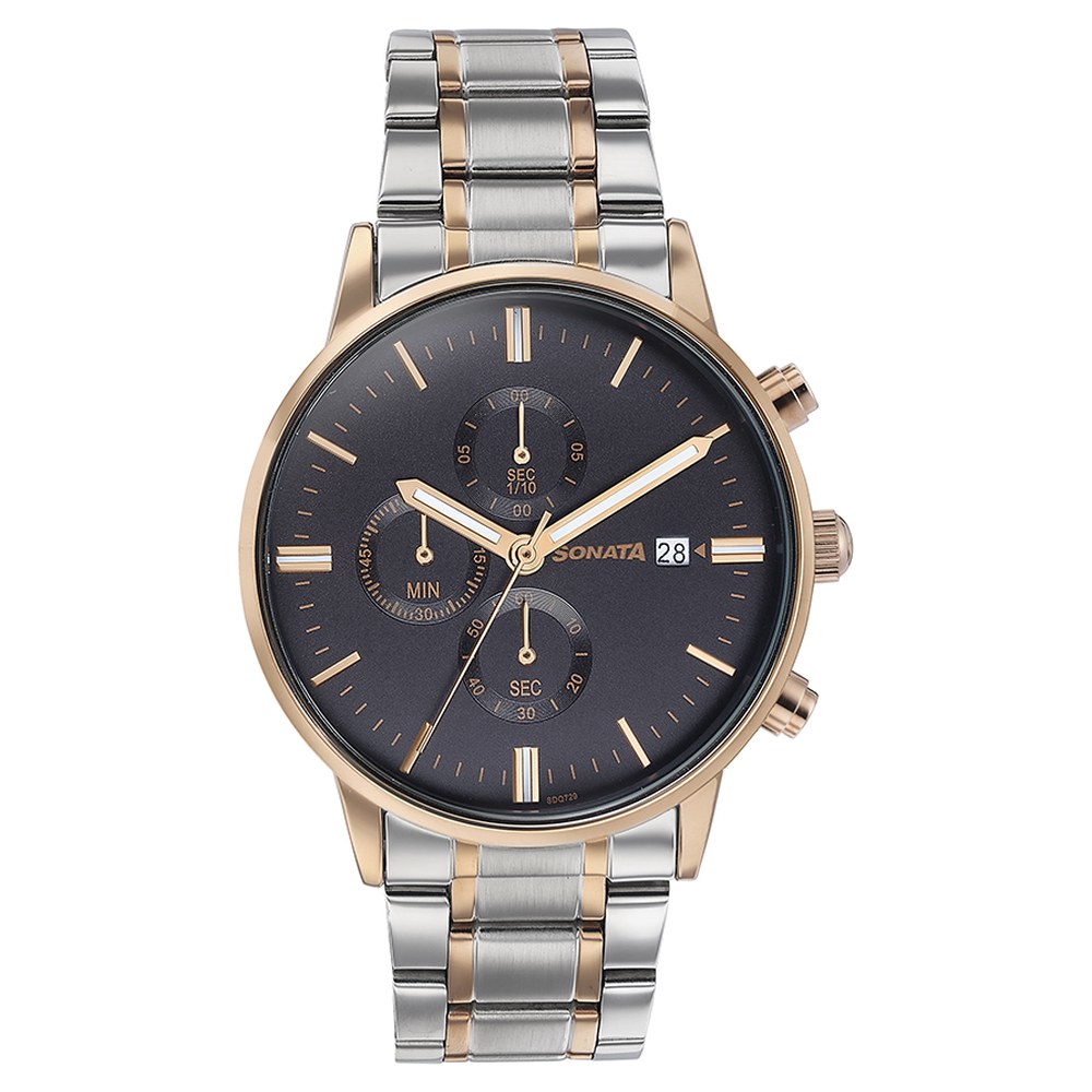 Buy Online Sonata Quartz Multifunction Black Dial Two Toned Stainless ...