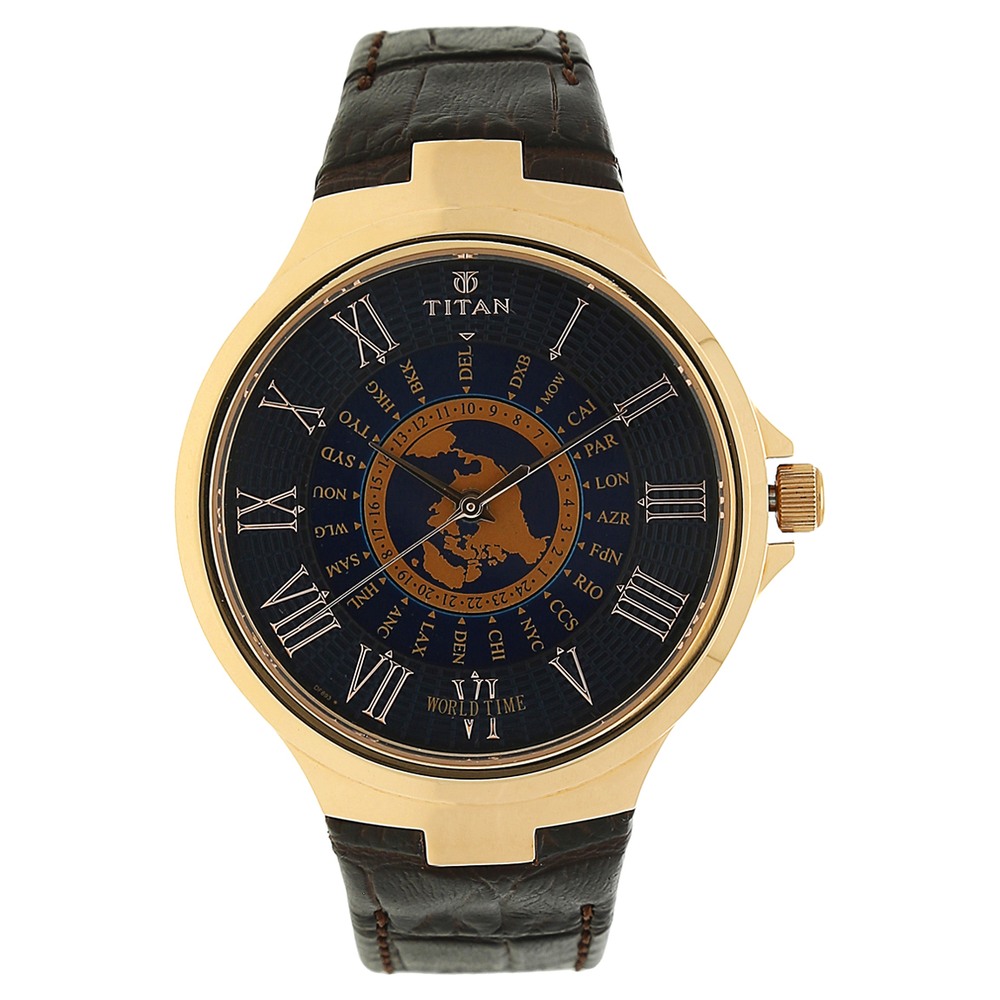 Buy Online Titan Globe TrotterBlue Dial World Time Leather Strap Watch ...