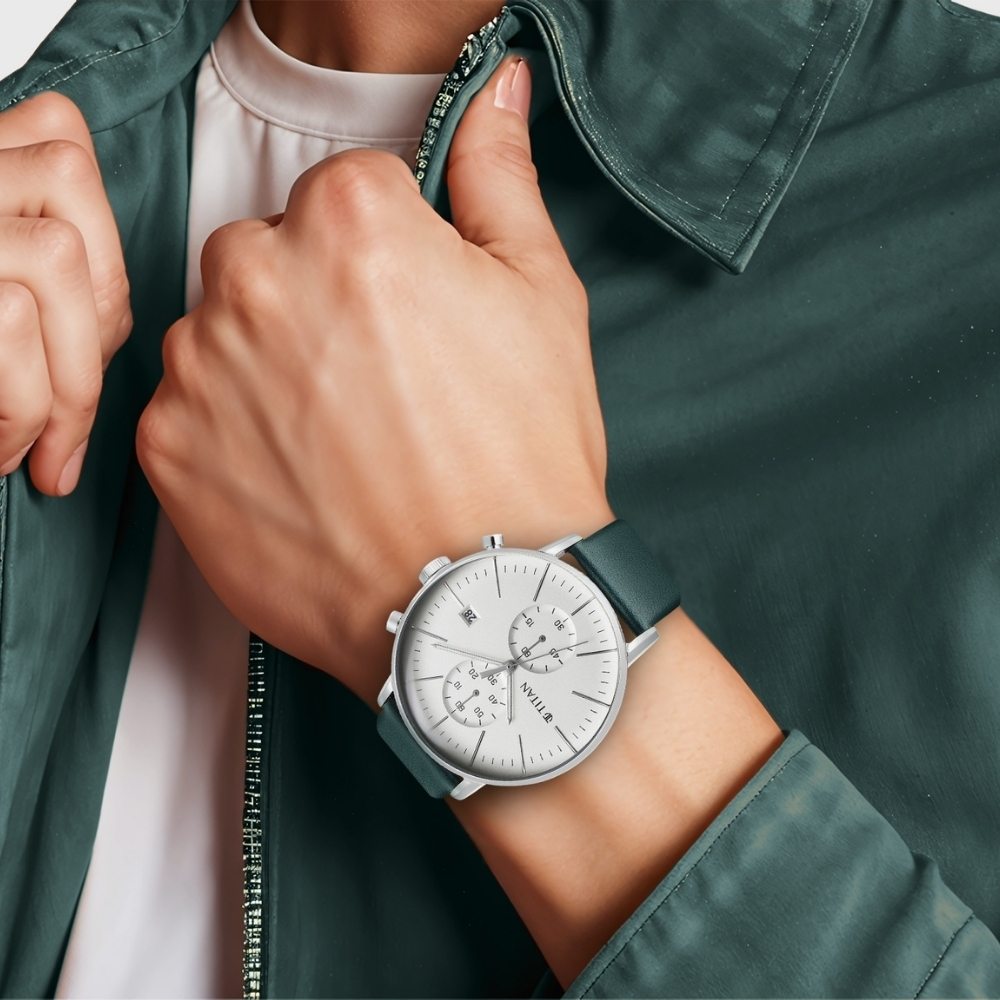 Buy Online Titan Quartz Chronograph Silver Dial Leather Strap Watch for ...