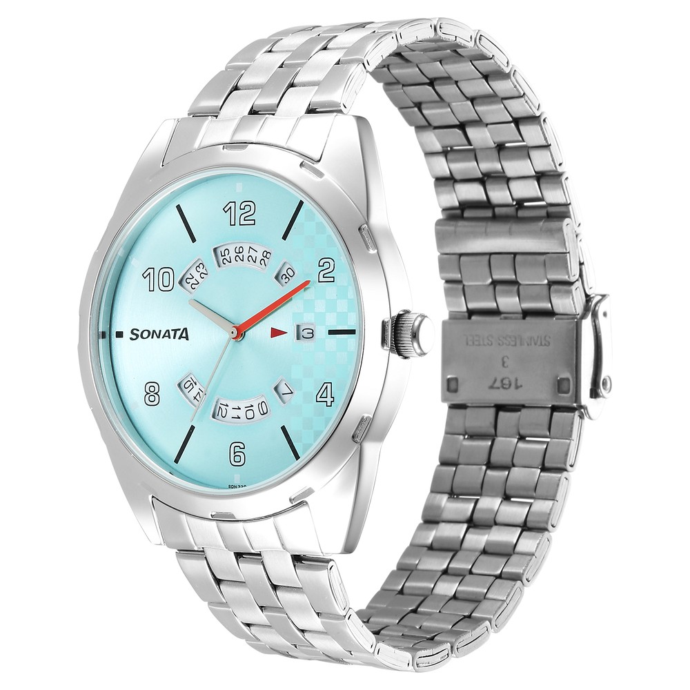 Buy Online Sonata RPM Analog with Date Blue Dial Stainless Steel Strap ...