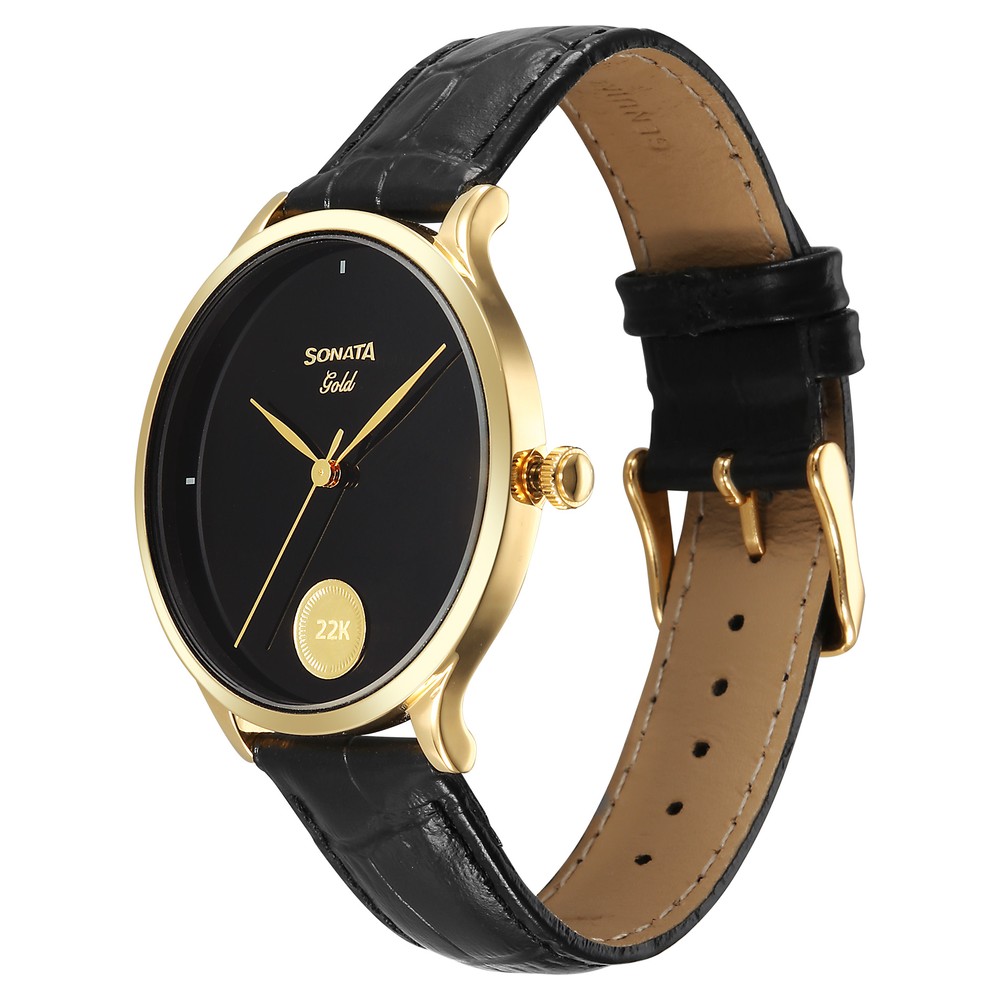 Buy Online Sonata Gold Quartz Analog Watch for Men with Black Dial ...