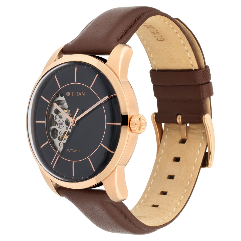 Buy Online Titan Automatic Sectoral Black Dial Brown Leather Strap ...
