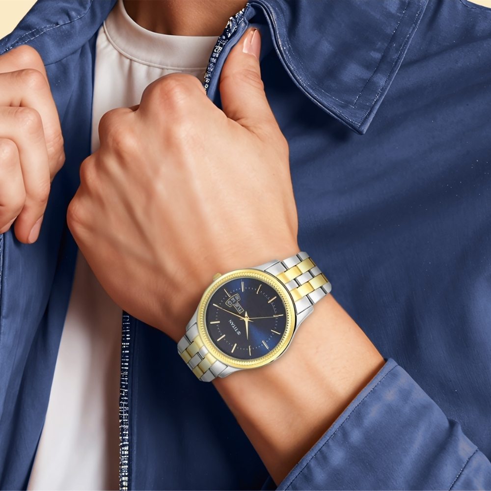 Buy Online Titan Men's Trendsetter Watch: Chic Blue Dial & Two-Tone ...