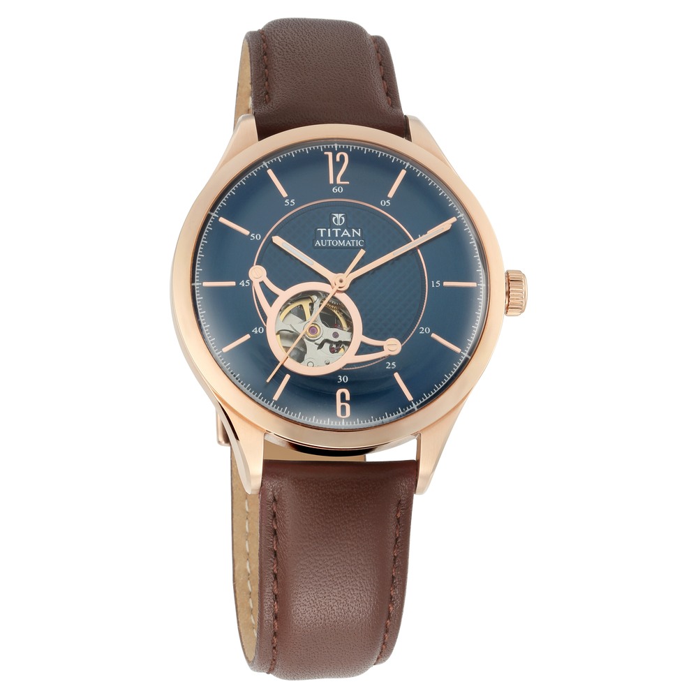 Buy Online Titan Automatic Blue Dial Brown Leather Strap Watch for Men ...